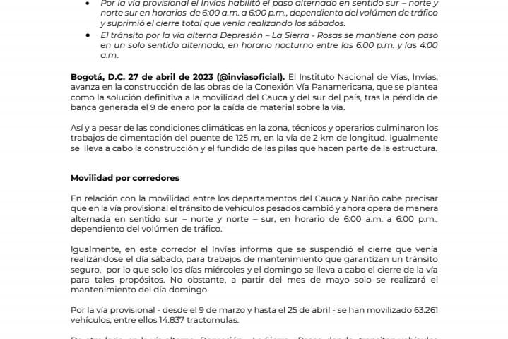 Boletín Informativo Vía Pasto -Popayan – Terminal de Pasto